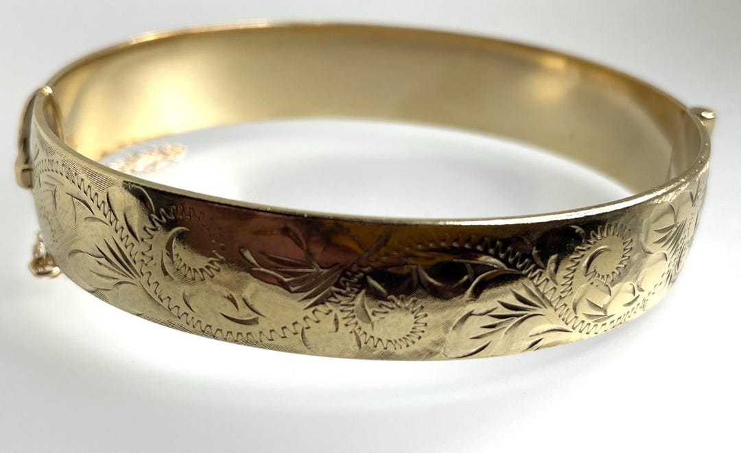 Vintage 9ct Gold Metal Core Bangle Filigree Engraved Hinged 28.3g 12 ...