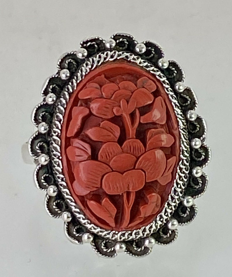 Chinese Silver & Red Lacquer Flower Design Pendant and Ring - Etsy UK