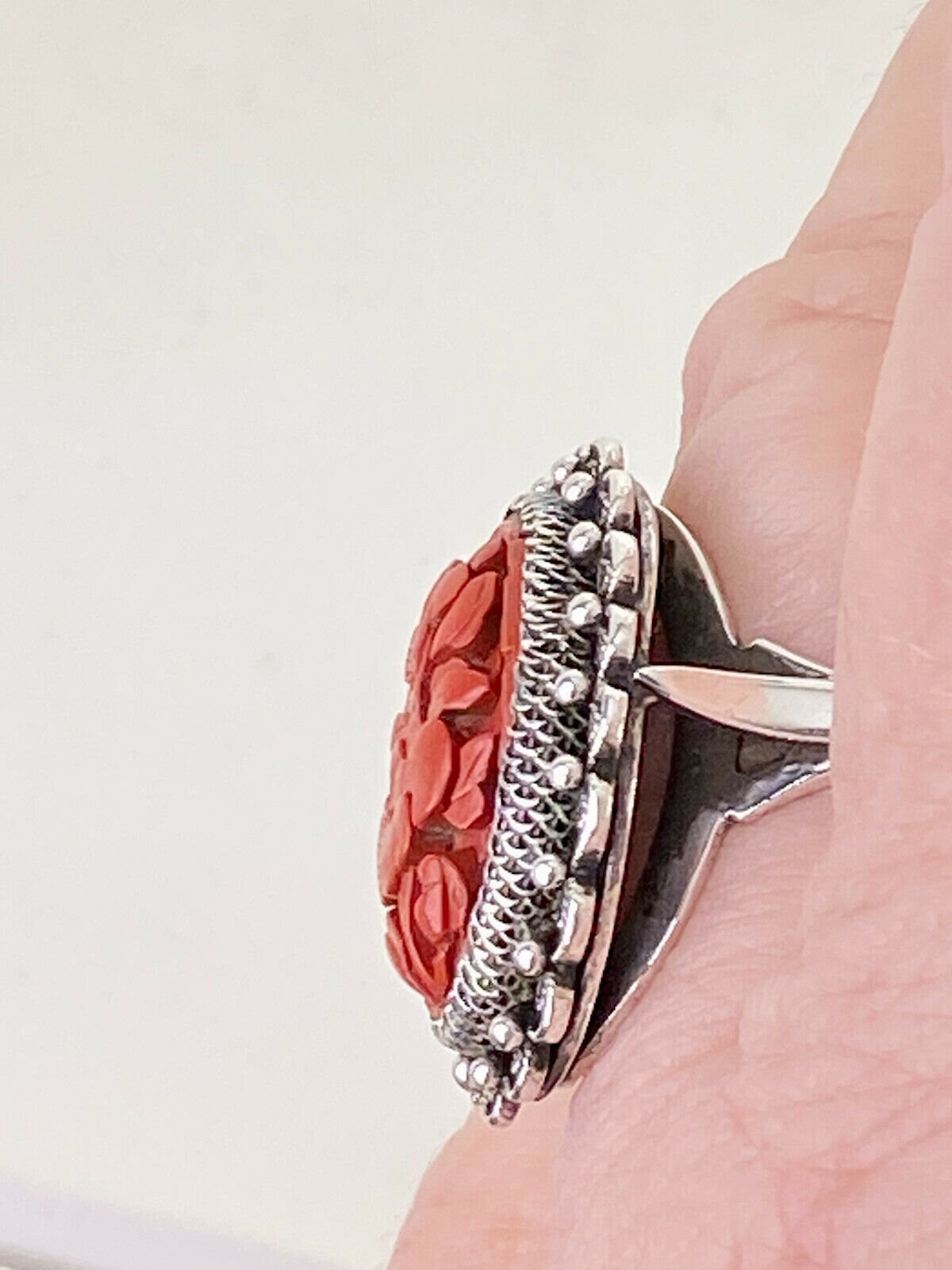 Chinese Silver & Red Lacquer Flower Design Pendant and Ring (size R ...