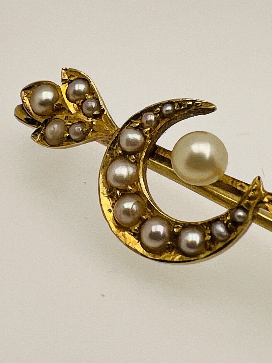 Antique Victorian 9ct Yellow Gold Pearl Crescent Moon Bar Brooch 35.3 X ...