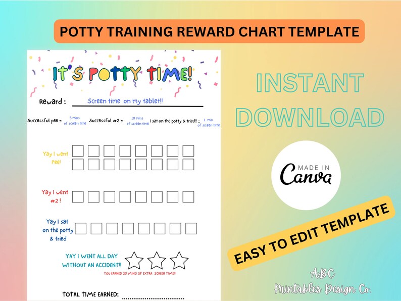 EDITABLE Potty Training Reward Chart Template, Printable Potty Training ...
