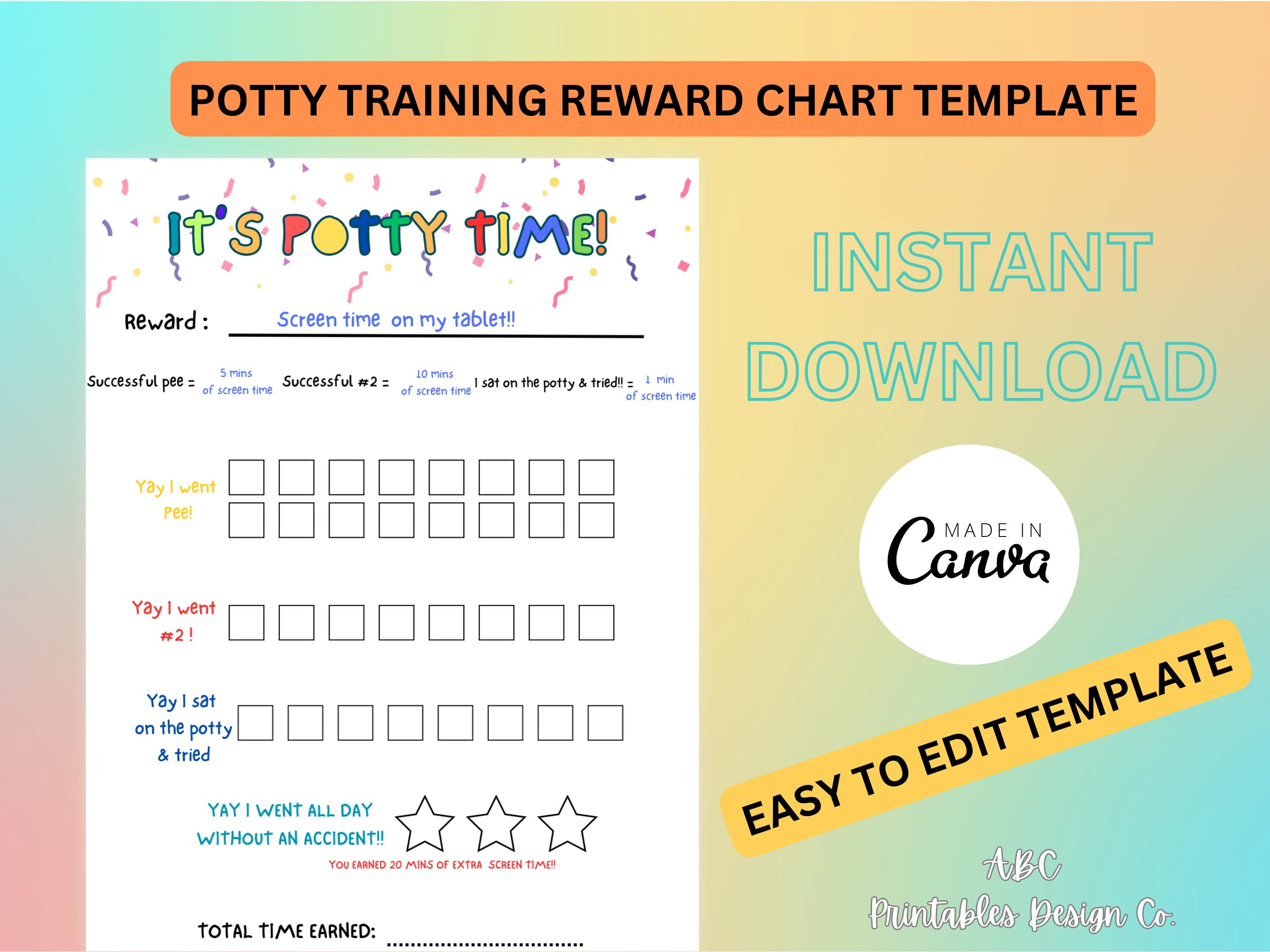 EDITABLE Potty Training Reward Chart Template, Printable Potty Training ...