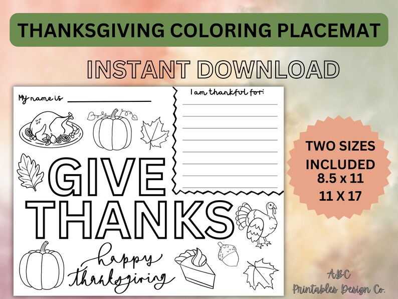 Printable Thanksgiving Placemats, 8.5x11 and 11x17, Thanksgiving ...
