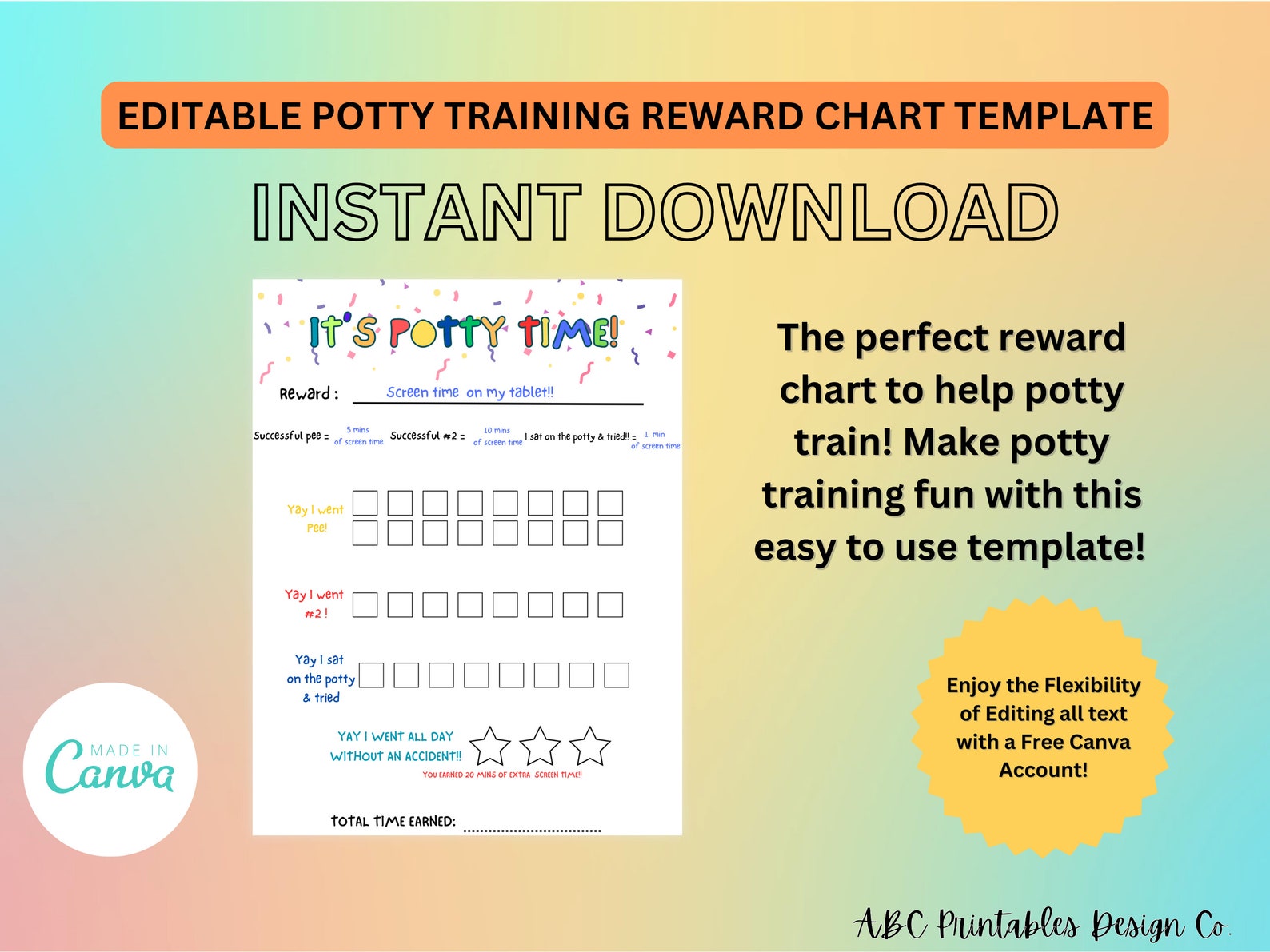 EDITABLE Potty Training Reward Chart Template, Printable Potty Training ...