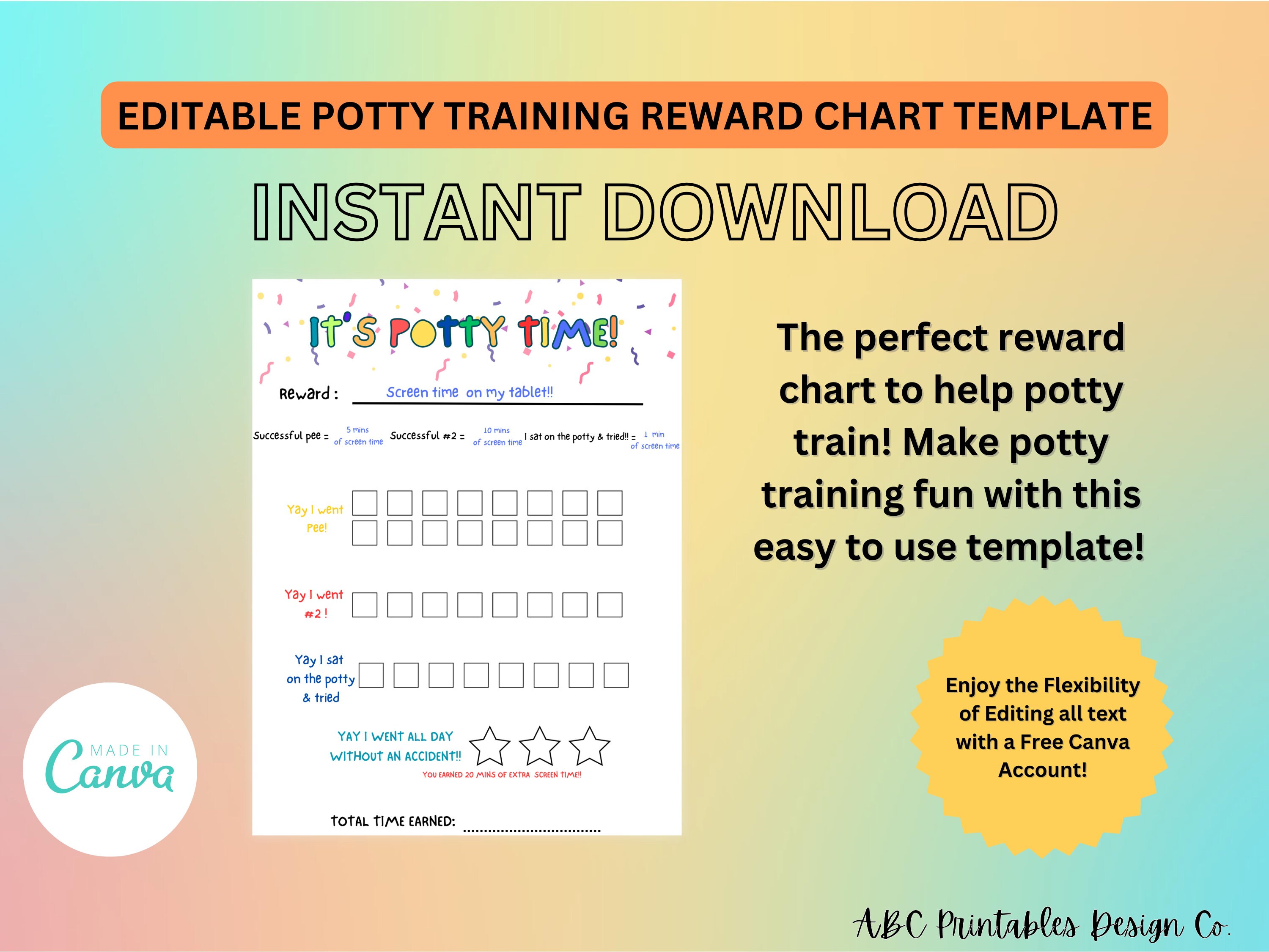 EDITABLE Potty Training Reward Chart Template, Printable Potty Training ...