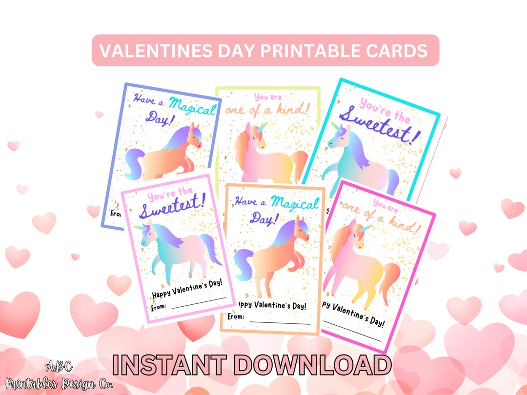 Magical Kids Unicorn Valentine's Day Cards Printable Sheet - 8 ...