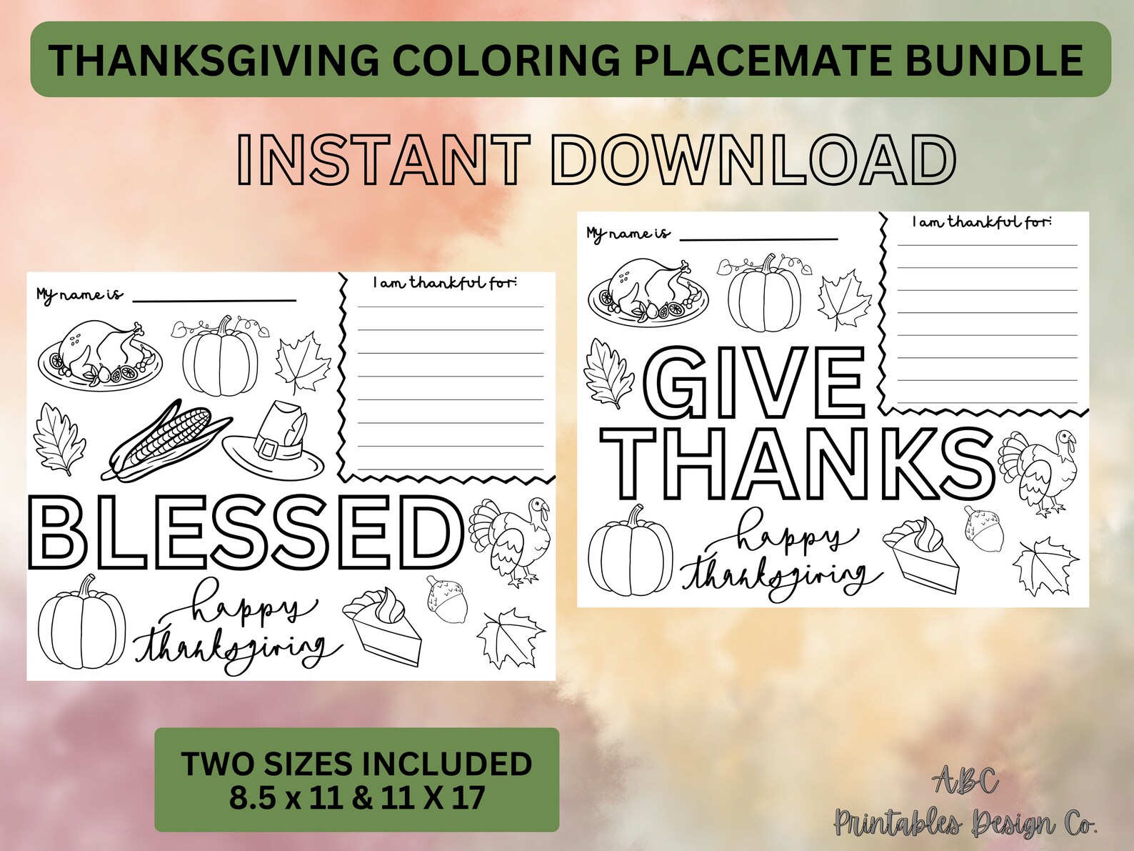 Printable Thanksgiving Placemat Bundle - Set of Two Festive and Fun ...
