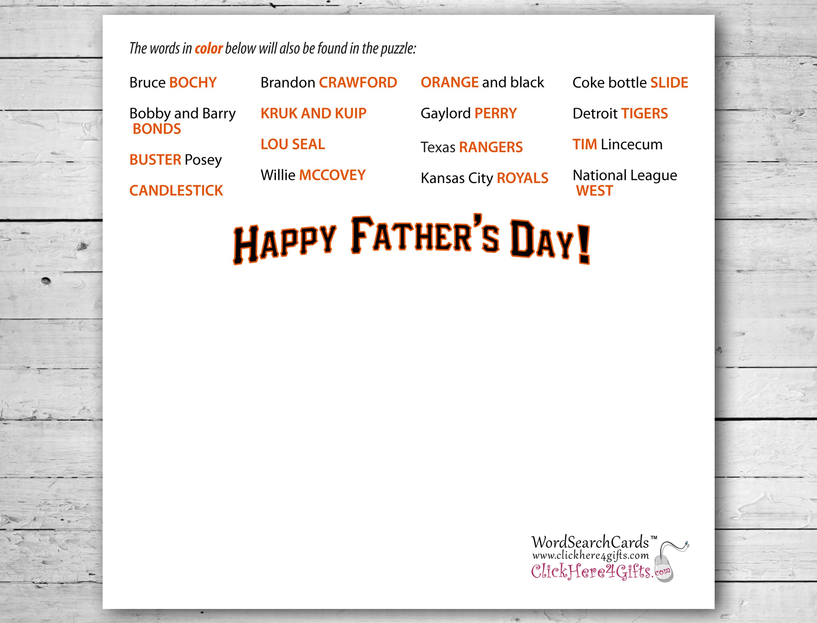 Father's Day Card, San Francisco, SF Giants, Word Search, Trivia, Fun ...