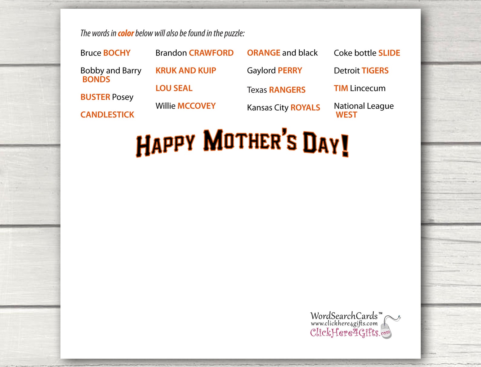 Mother's Day Card, San Francisco, SF Giants, Word Search, Trivia, Fun ...
