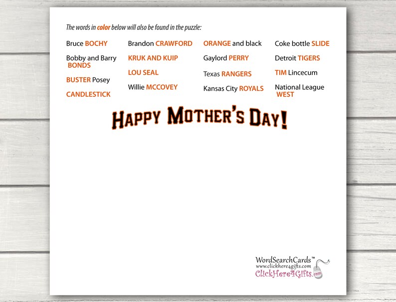 Mother's Day Card, San Francisco, SF Giants, Word Search, Trivia, Fun ...