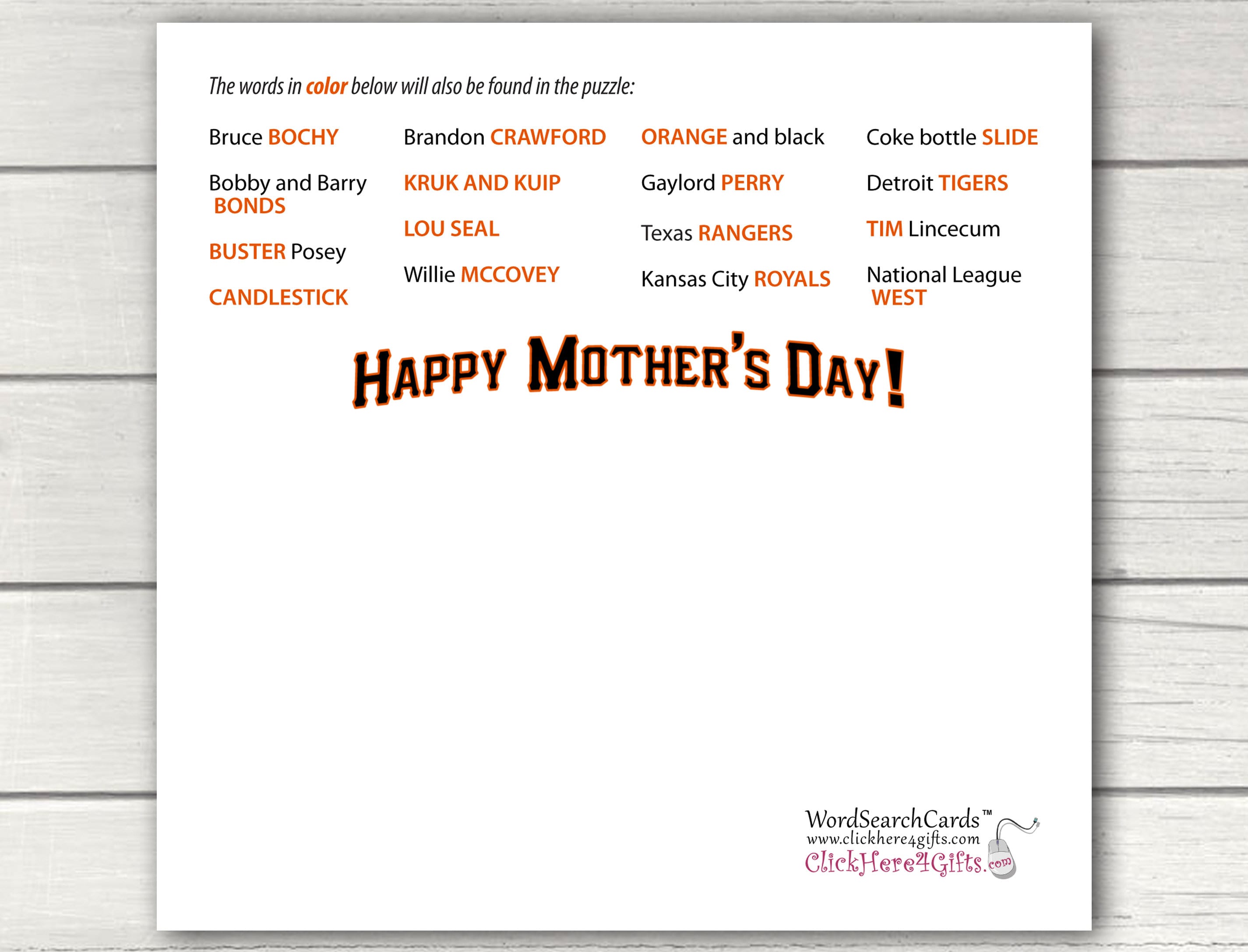 Mother's Day Card, San Francisco, SF Giants, Word Search, Trivia, Fun ...