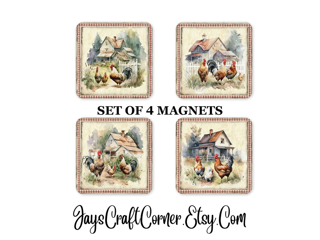Set of 4 Rooster Wooden Magnet Country Wooden Magnet Gifts for Her Barn ...