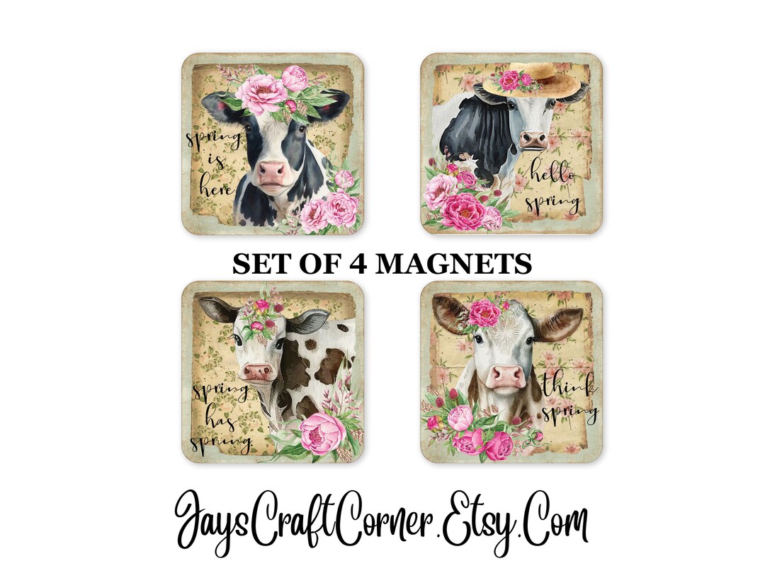 Set of 4 Farmhouse Cow With Roses Wooden Magnets Spring Fridge Magnet ...