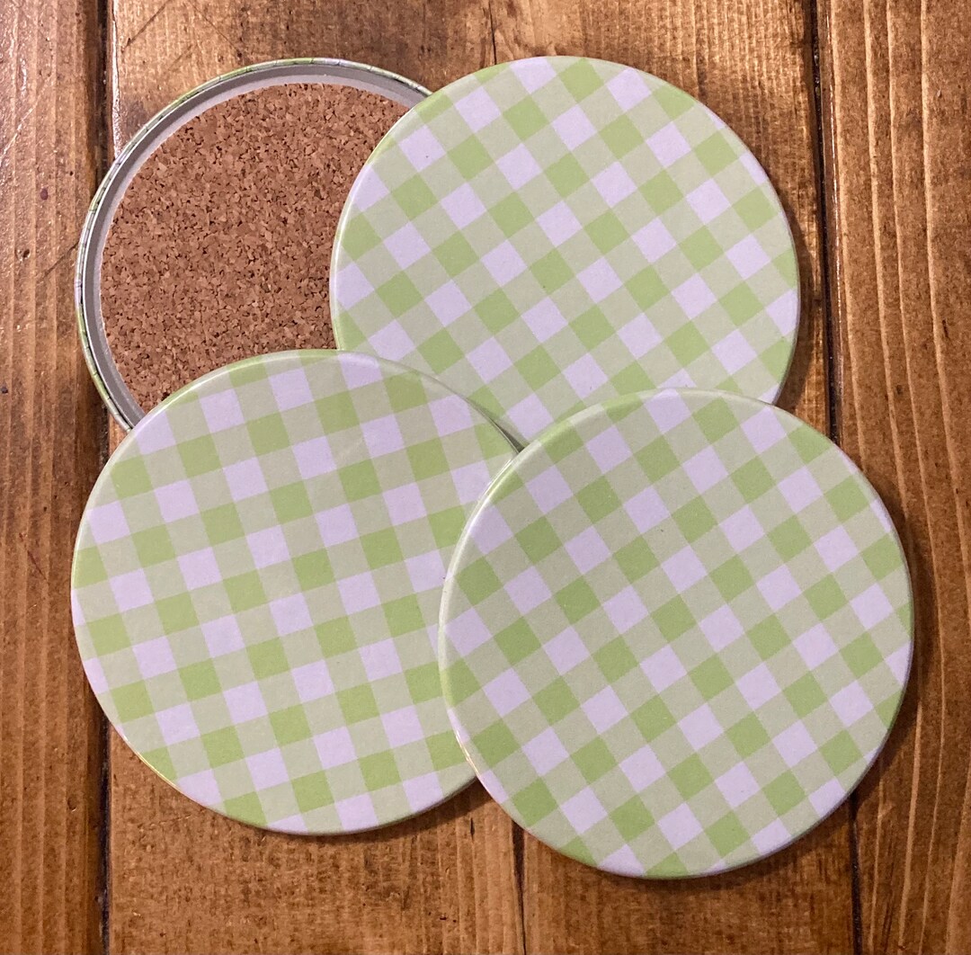 Set of 4 Lime Green Plaid Button Coasters Buffalo Check Plaid Coaster Set Gift Set for Her ...