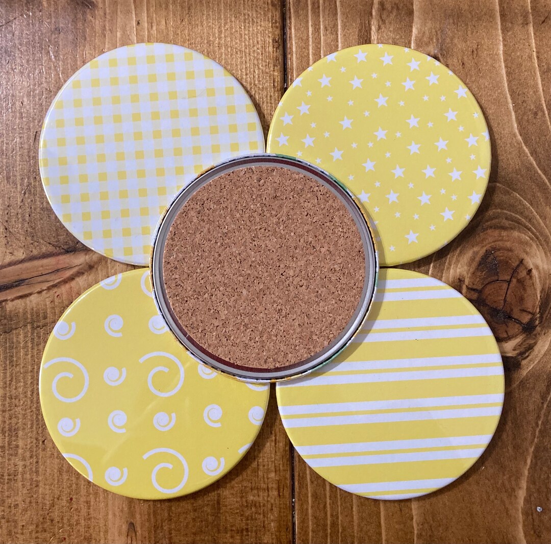 Set of 4 Yellow Designs Button Coasters Buffalo Check Plaid Coaster Set ...