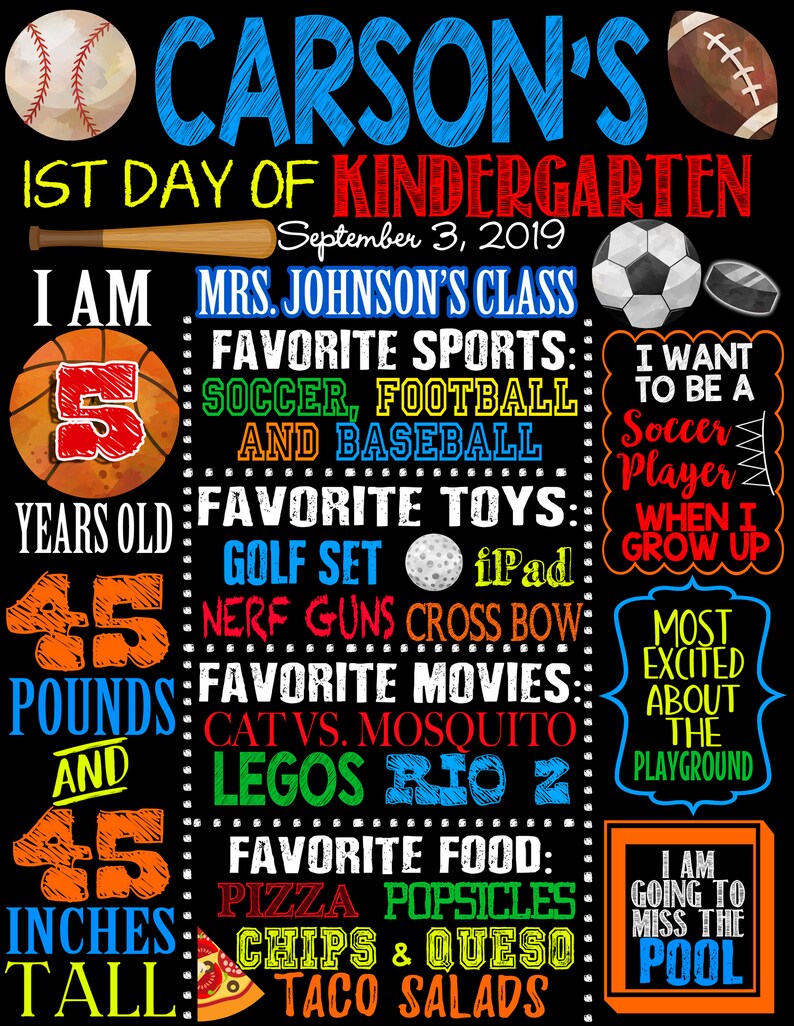 Sport themed first day of school sign printable boys sport | Etsy