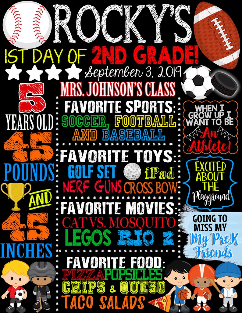 Sport themed first day of school sign printable boys sport | Etsy