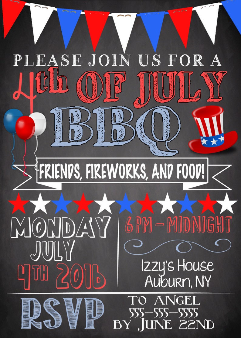 4th of July Invitations - Fourth of July Chalkboard Invites, DIY and ...