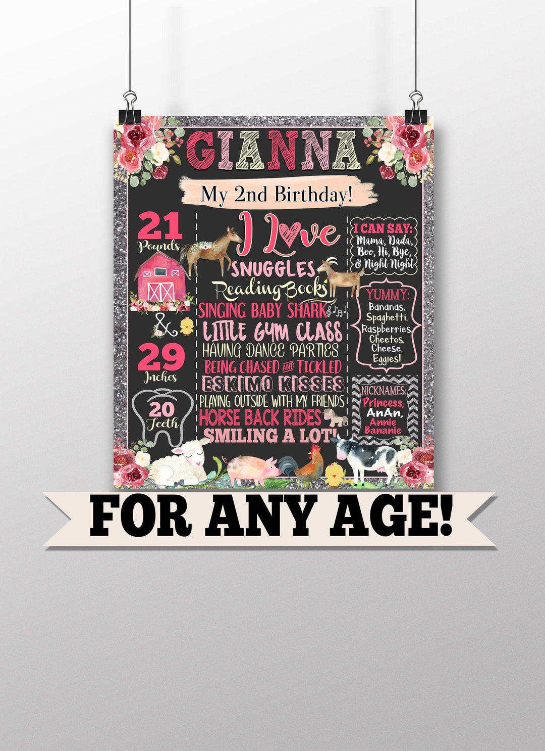 Floral Farm Birthday Signs, Watercolor Farm Animal Decor, Pink Farm ...