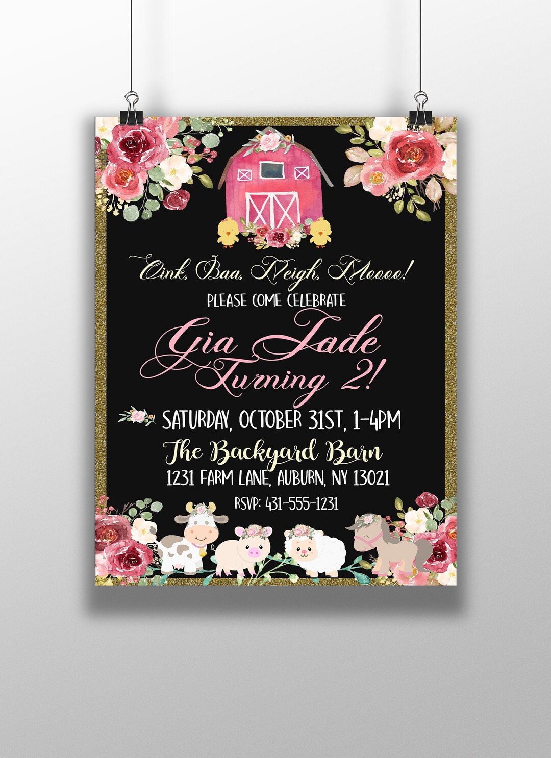 Girls Farm Birthday Party Invitations, Floral Girls Barnyard Bday Party ...