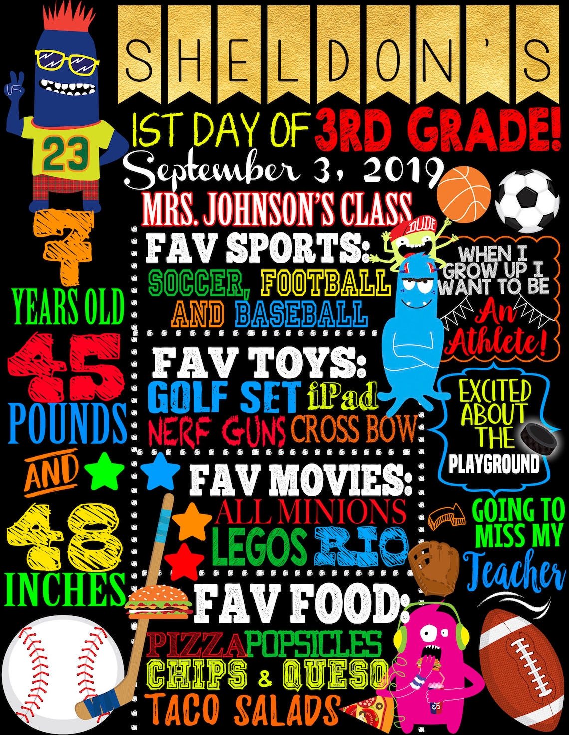 Sport themed first day of school sign printable boys sport | Etsy