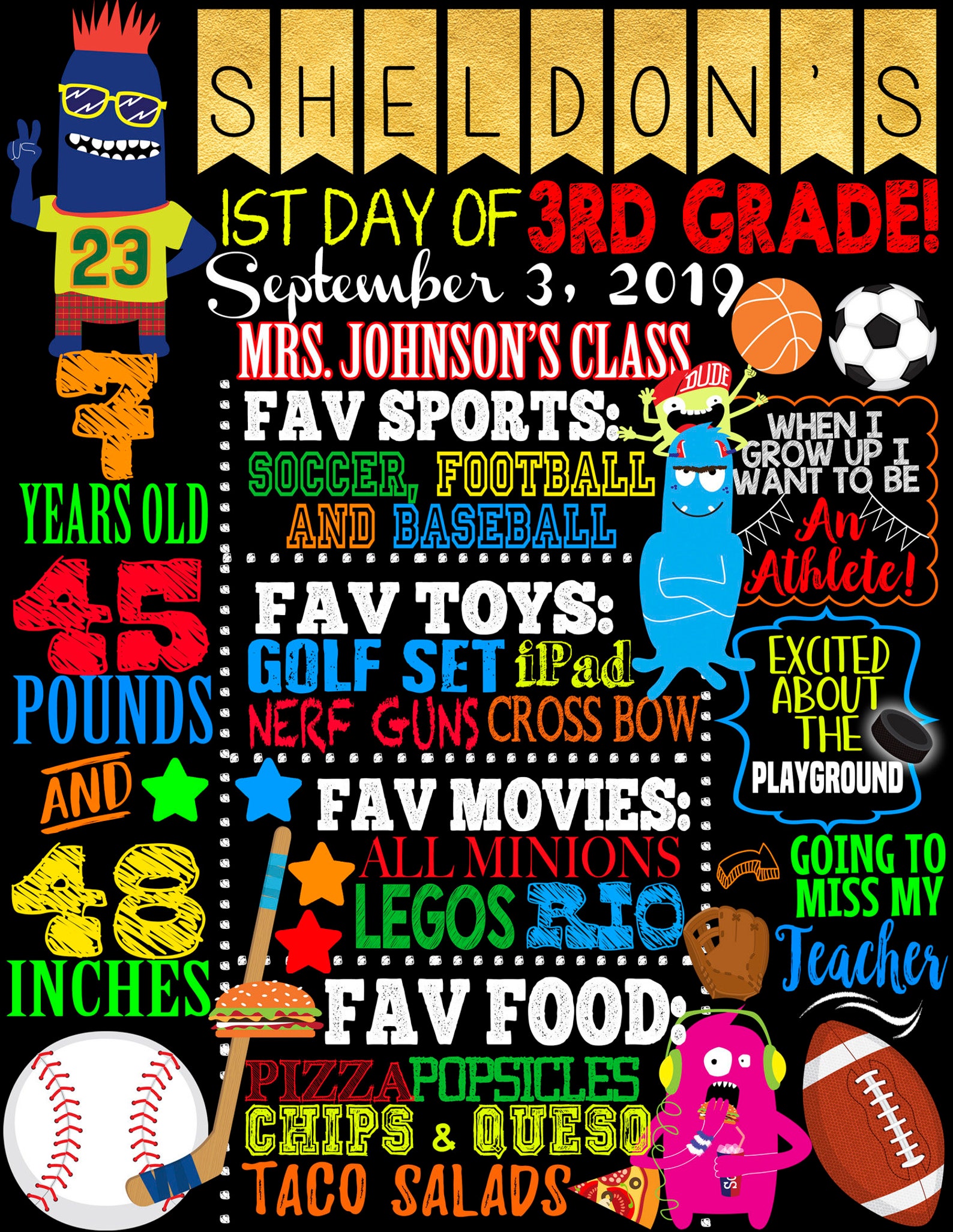 Sport themed first day of school sign printable boys sport | Etsy