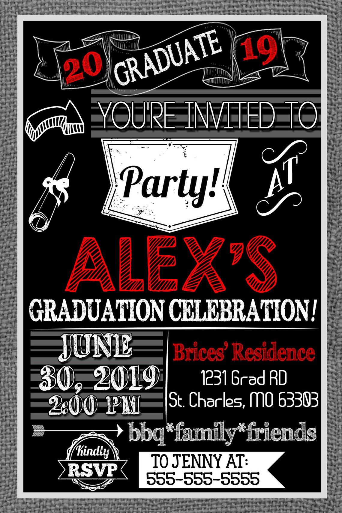 Black and Red Graduation Invitations Burlap Grad Party - Etsy