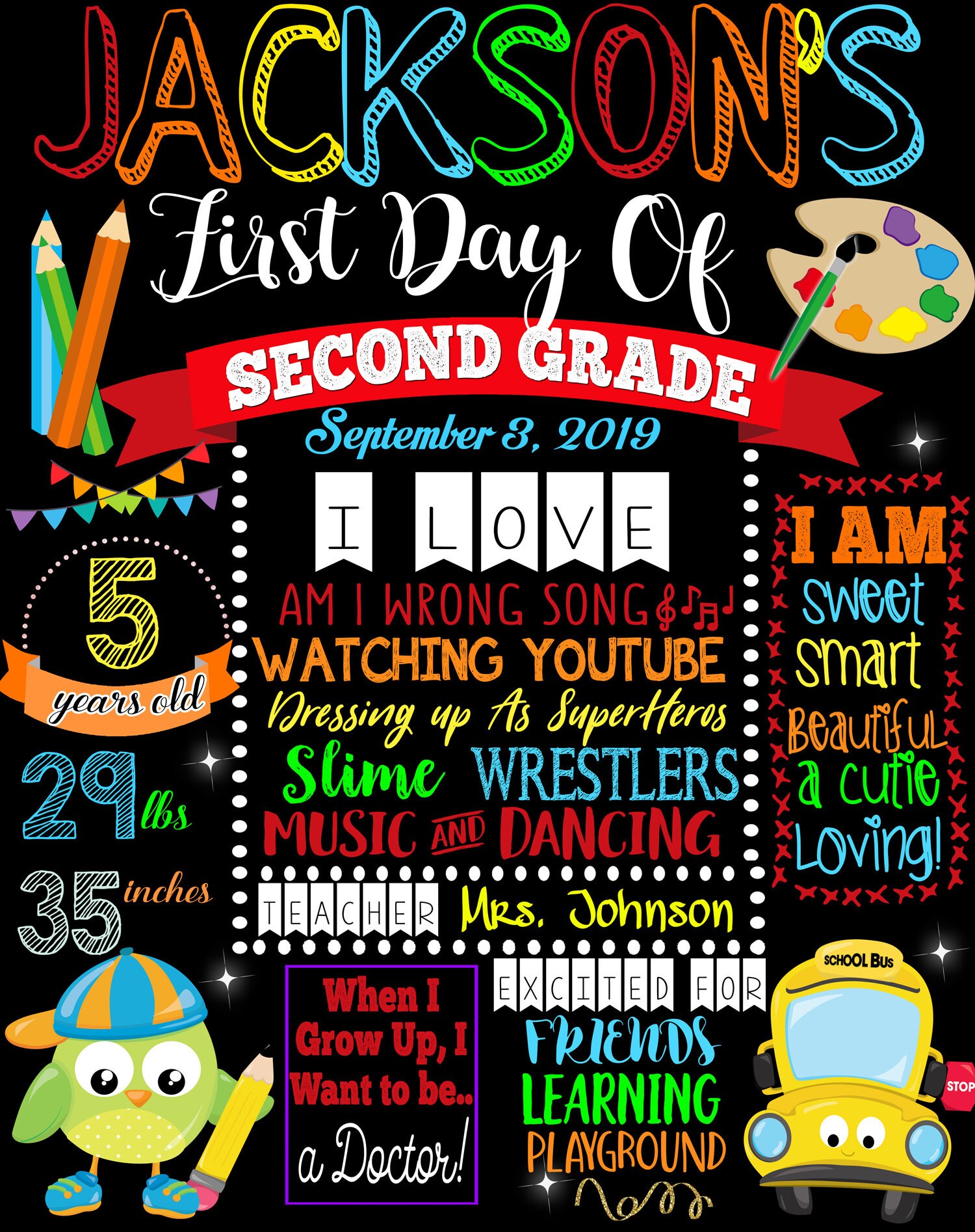 First Day of School Sign Colorful, Girl Rainbow Back to School ...