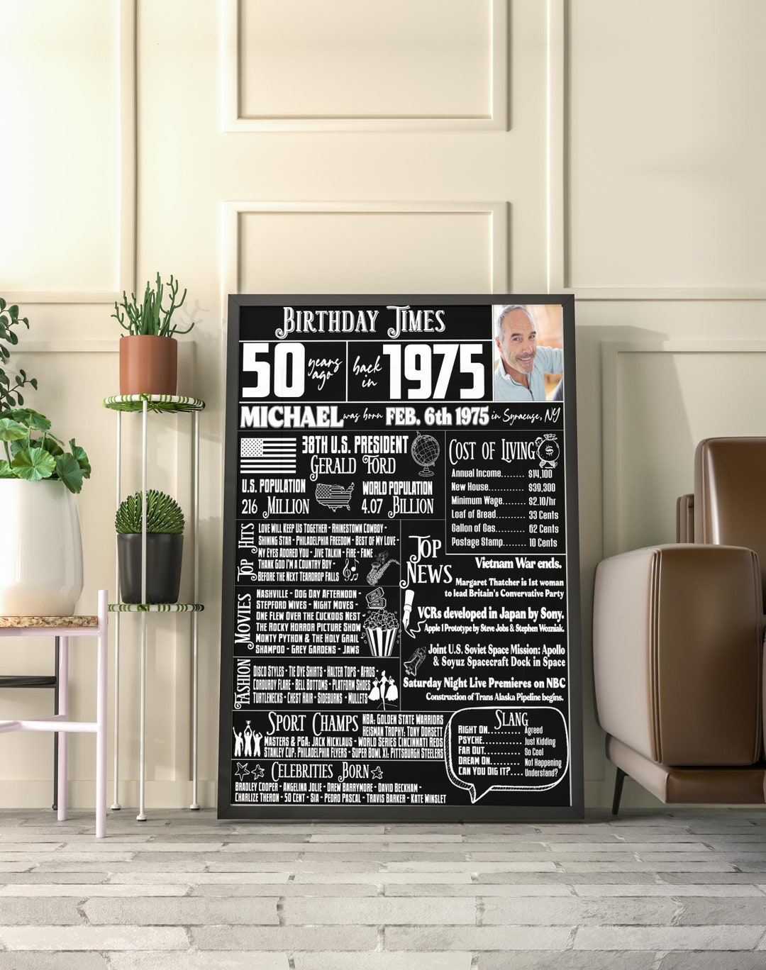 1975 Newspaper Sign, 50th Birthday Party Guy, 50 Year Old Birthday Gift ...