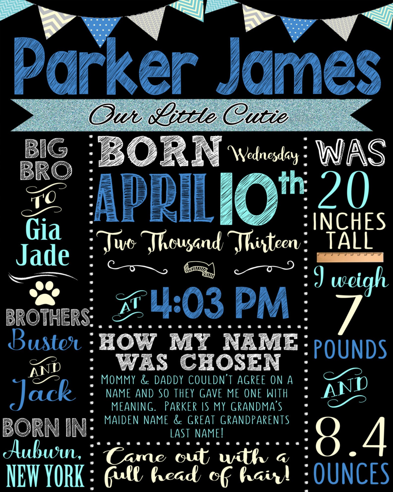 Boy Birth Announcement, Newborn Boys Birth Stat Sign, Unique Birth ...