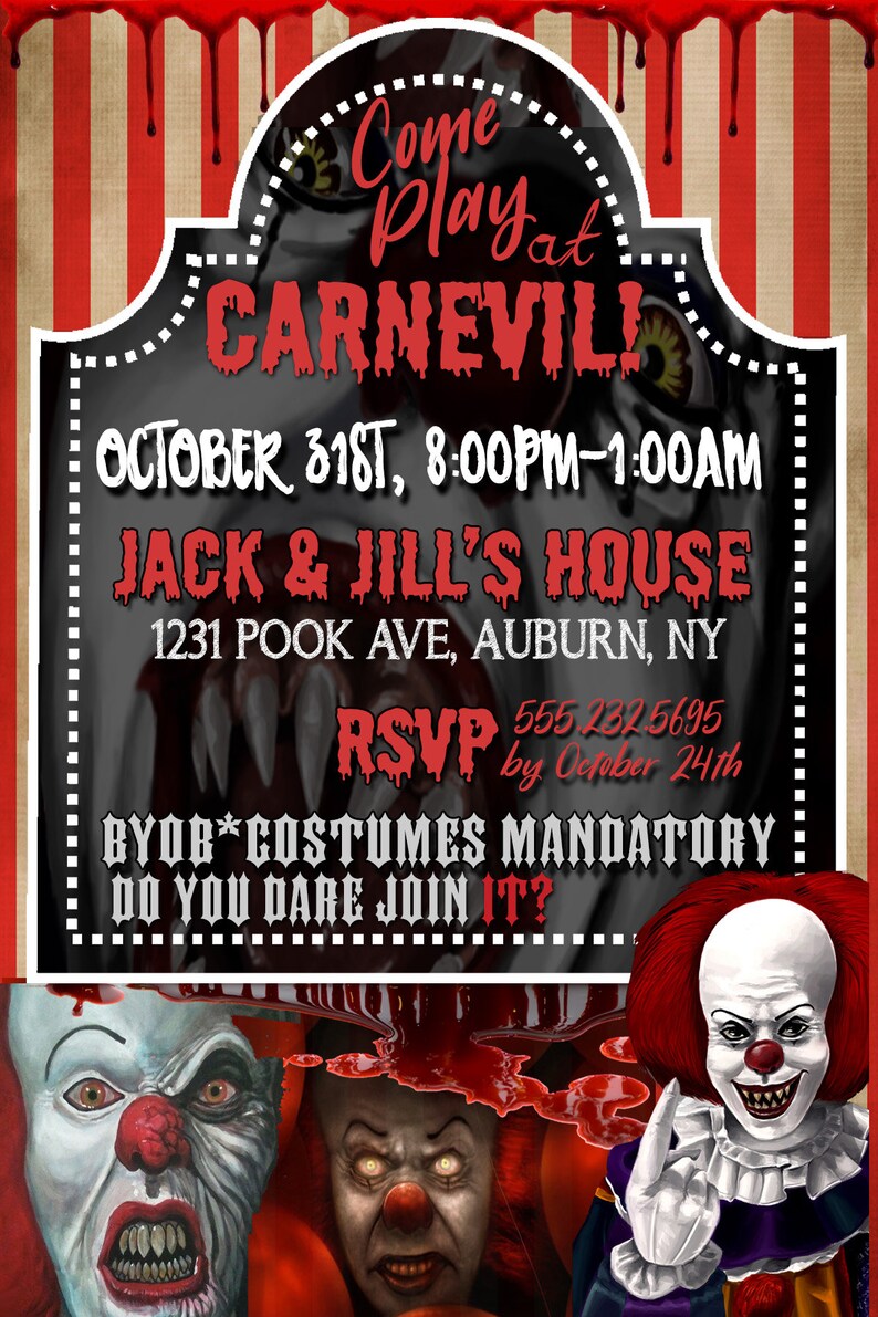 Scary Clown Invites, Evil Clown Invitations, Carnevil Halloween Party ...