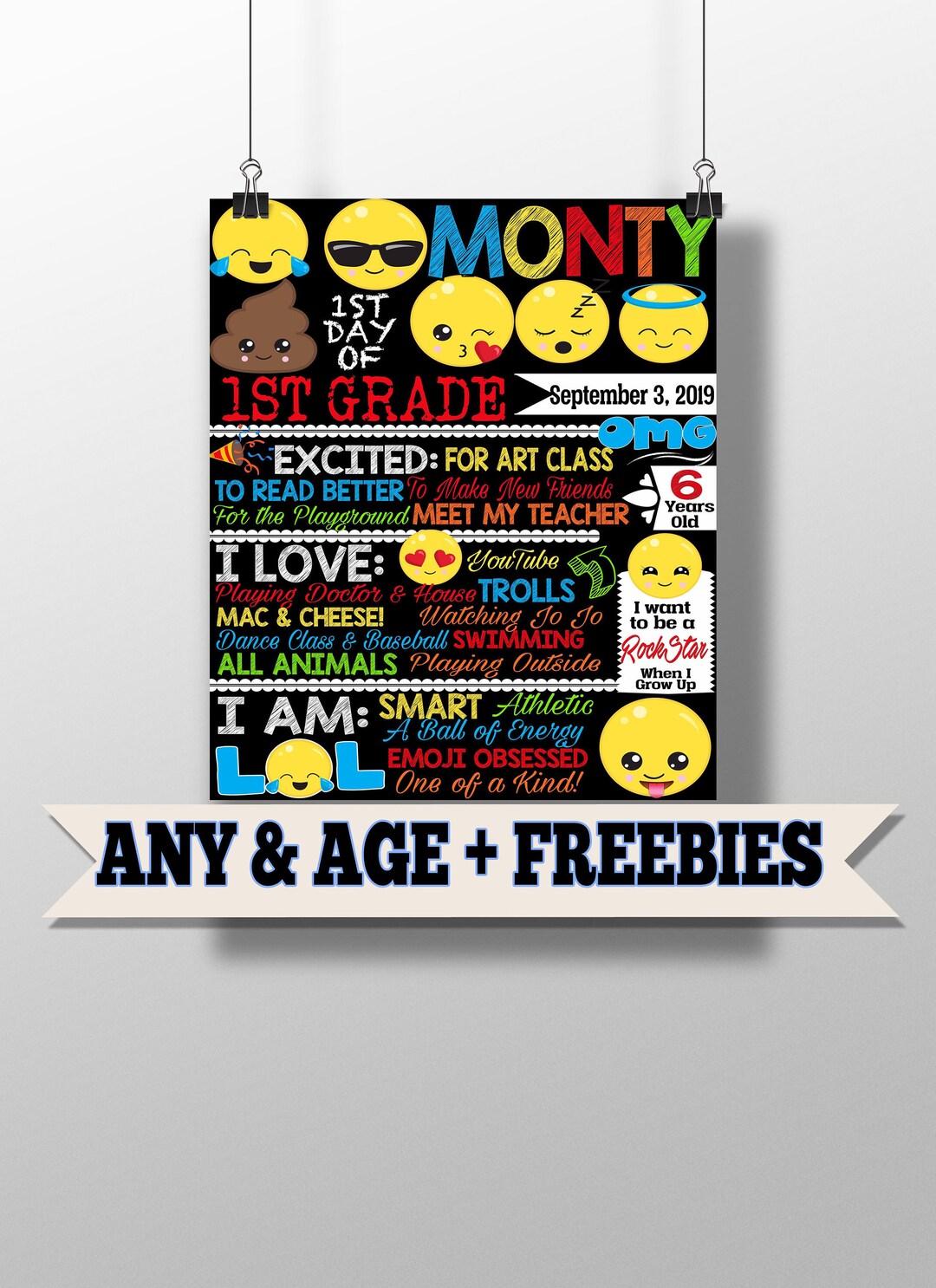 First Day of School Emoji Sign Modern Smiley Face Back to School Kids ...