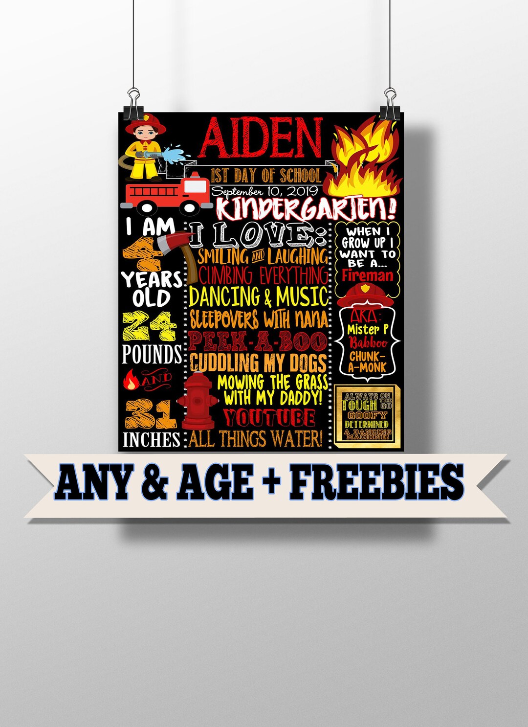 First Day of School Sign - Fireman First Day of School Sign - First ...