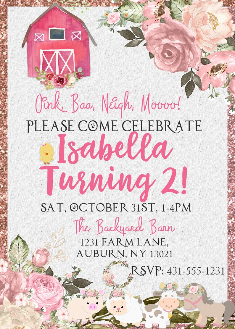 Farm Animal Birthday Party Invite Pink & Gold Farm Invites - Etsy
