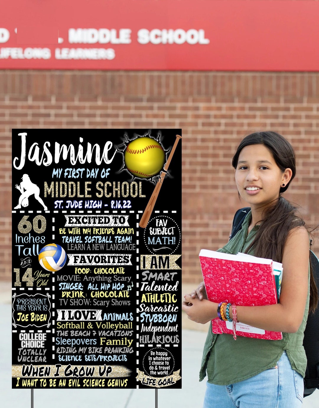 Softball First Day of School Sign for Girl, 1st Day of Middle School ...