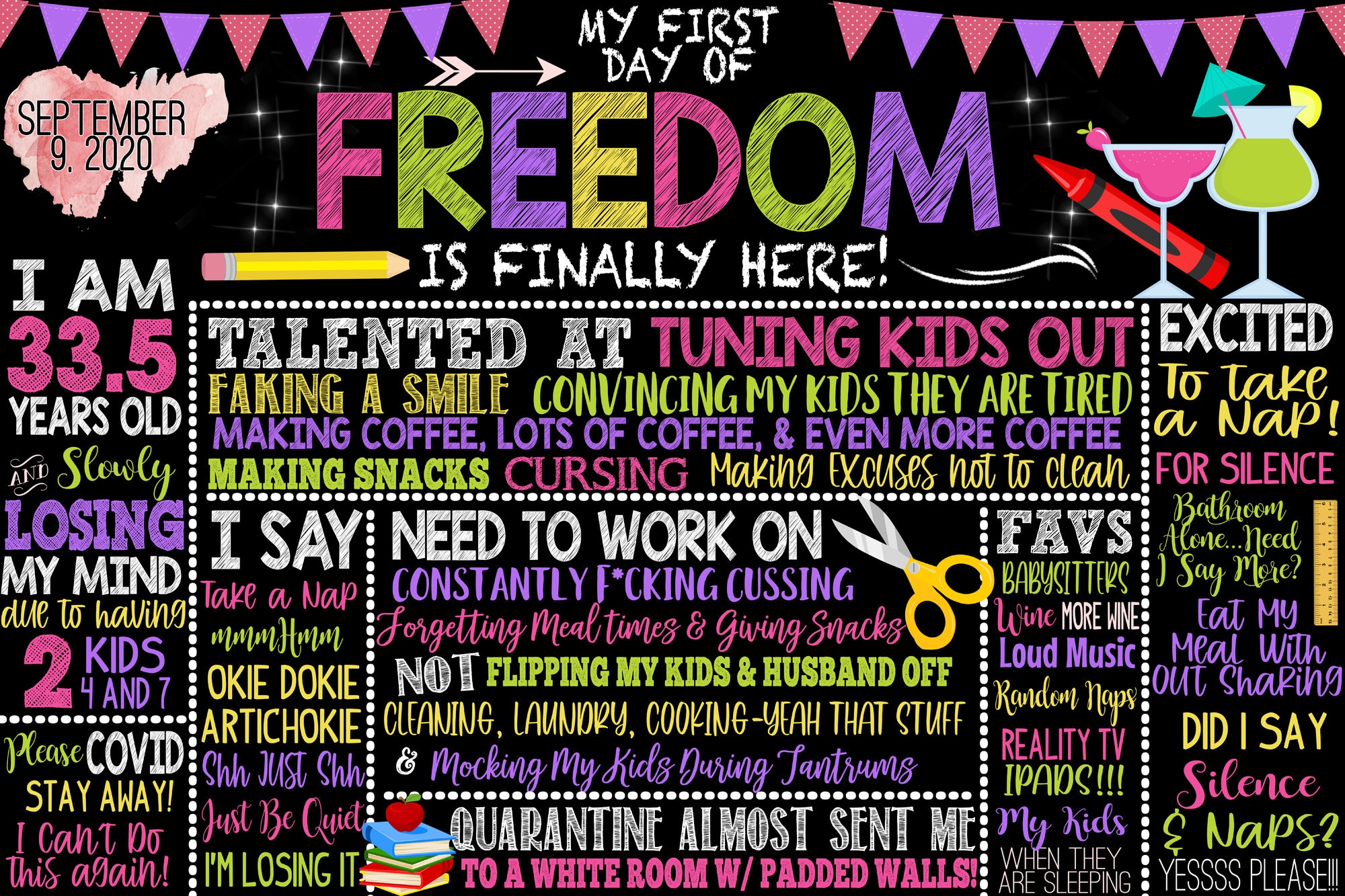 First Day of Freedom Chalkboard Printable, Back to School Humor, Mom's ...