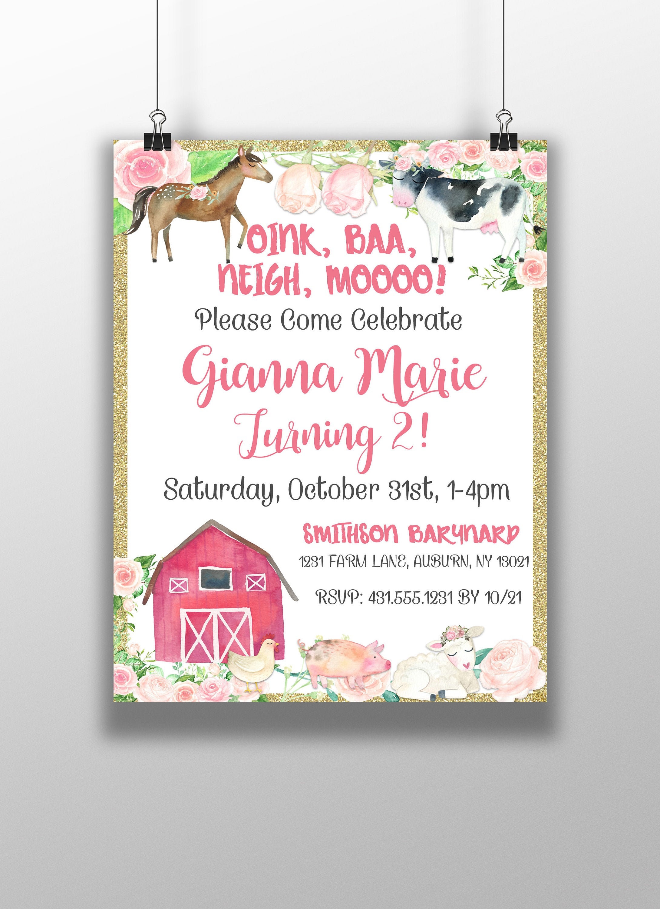 Floral Farm Birthday Signs, Watercolor Farm Animal Decor, Pink Farm ...