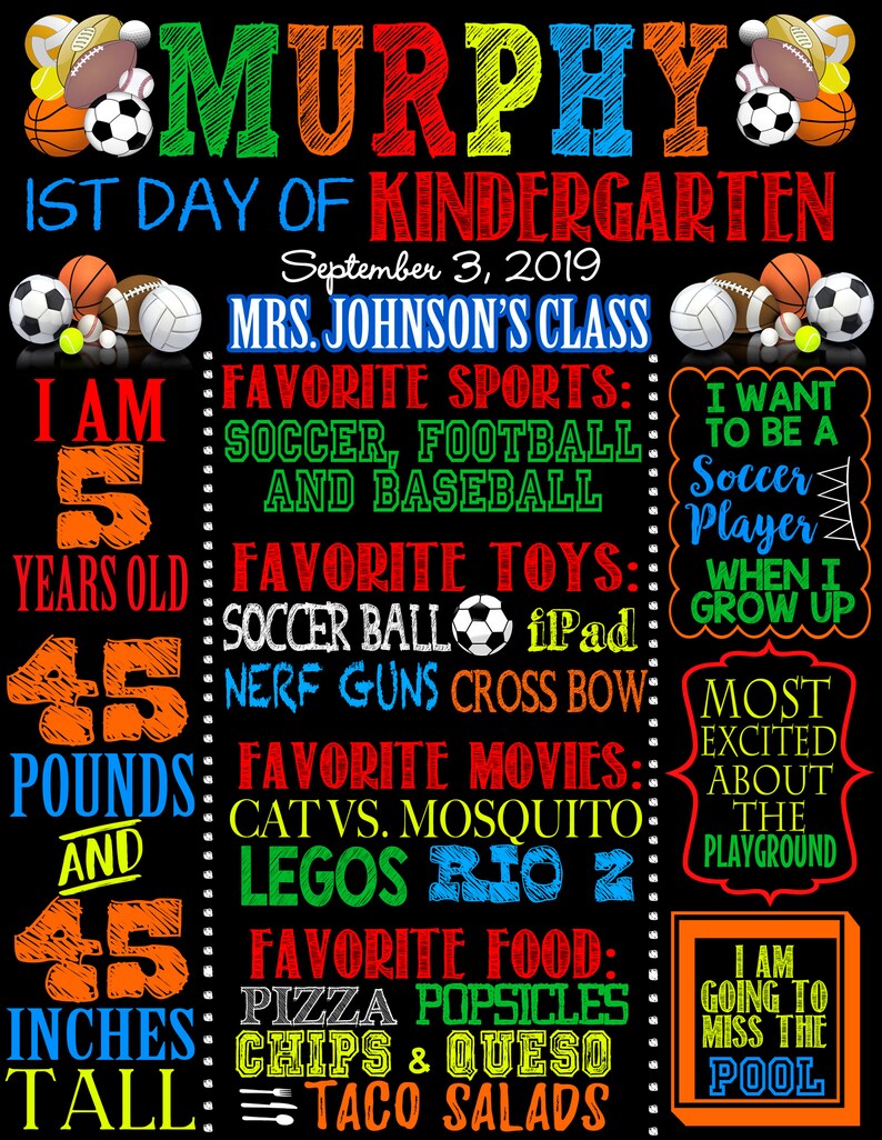 Sport themed first day of school sign printable boys sport | Etsy