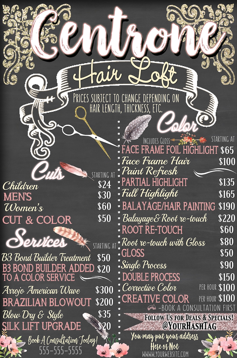 Hair salon menu signs chalkboard style Floral business menu | Etsy
