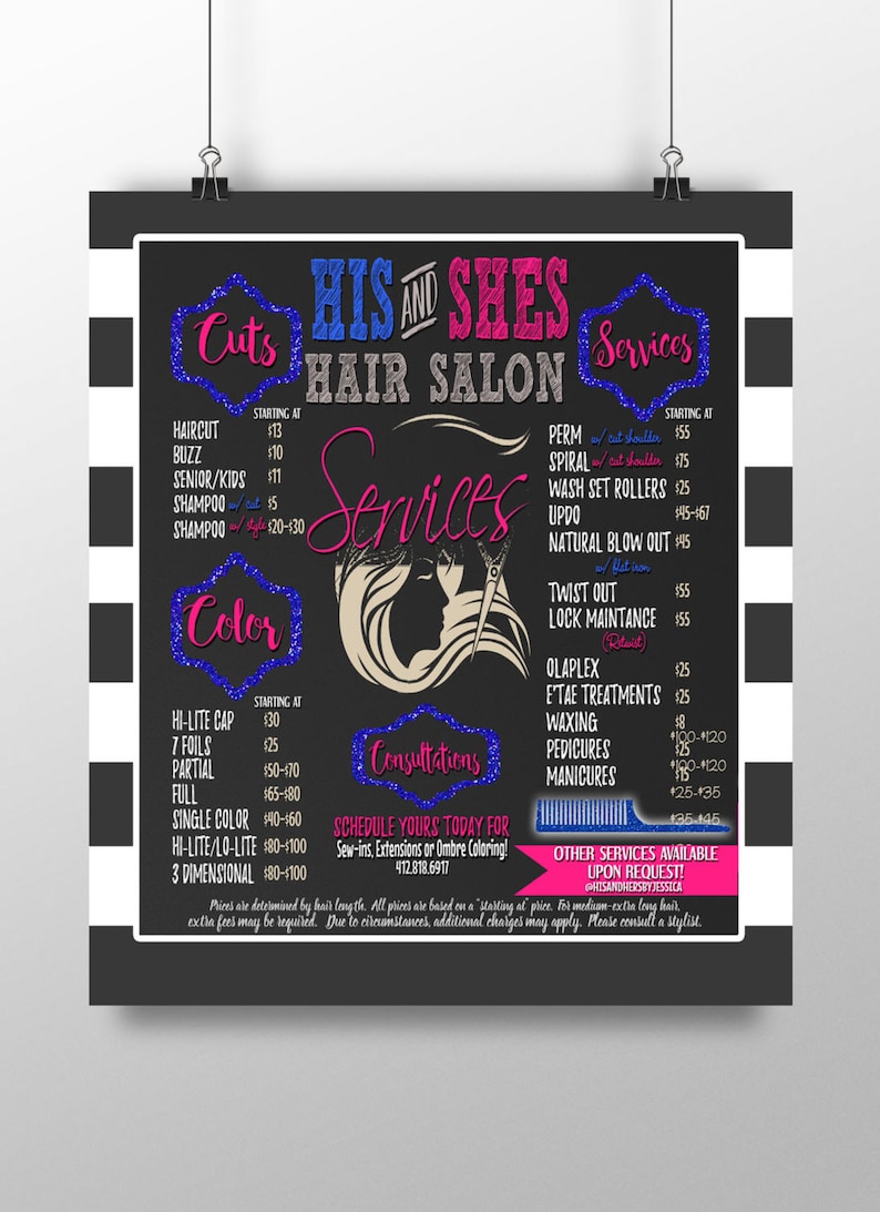 Hair Salon Menu Hair Salon Chalkboard Style Beauty Salon - Etsy