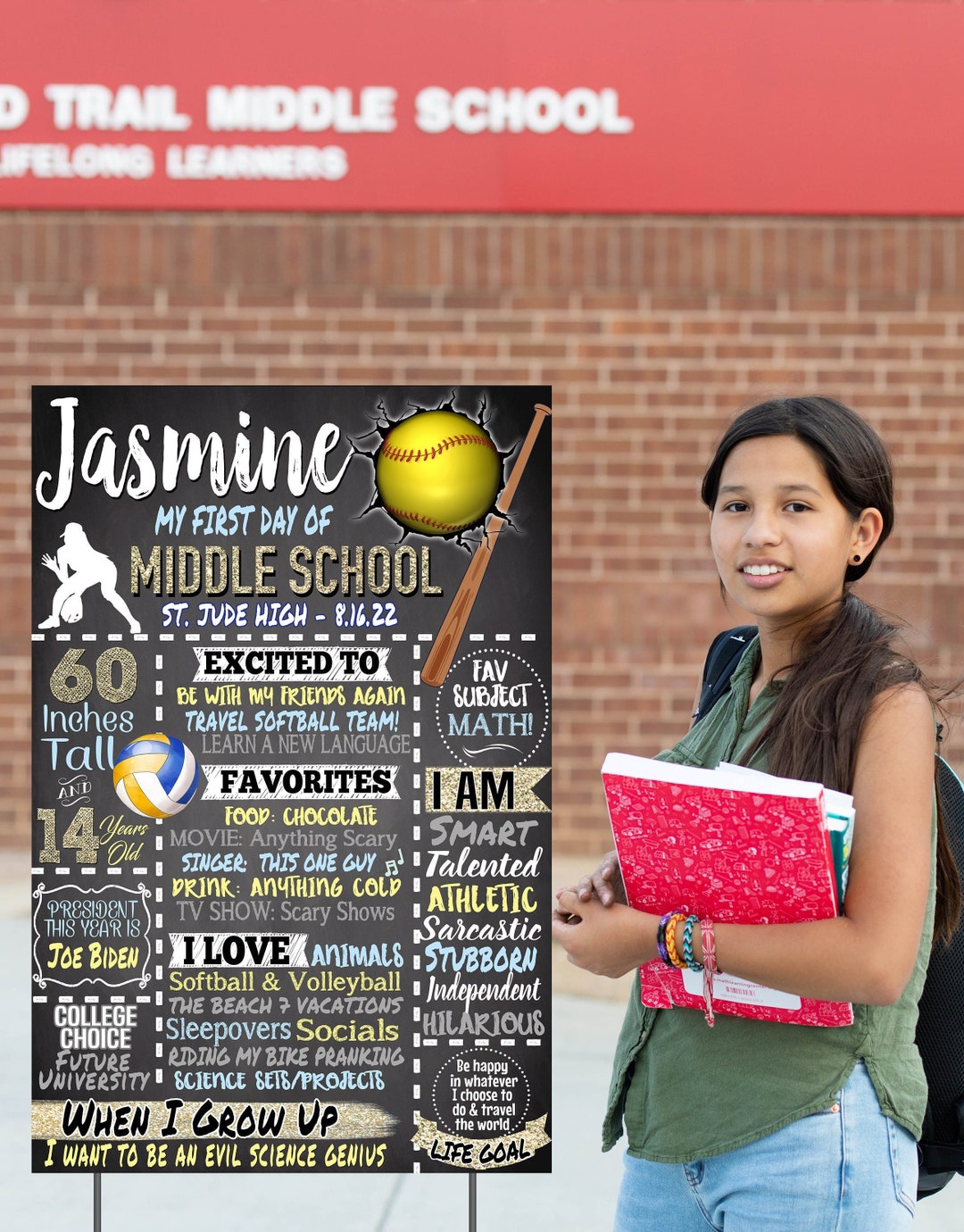 Softball First Day of School Sign for Girl, 1st Day of Middle School ...