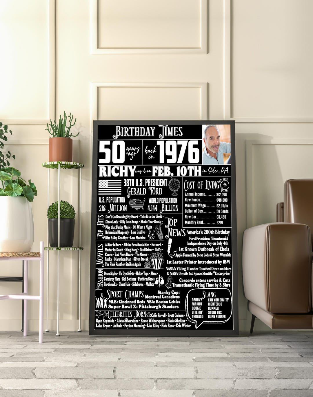 1976 Newspaper Sign, 50th Birthday Party Guy, 50 Year Old Birthday Gift ...