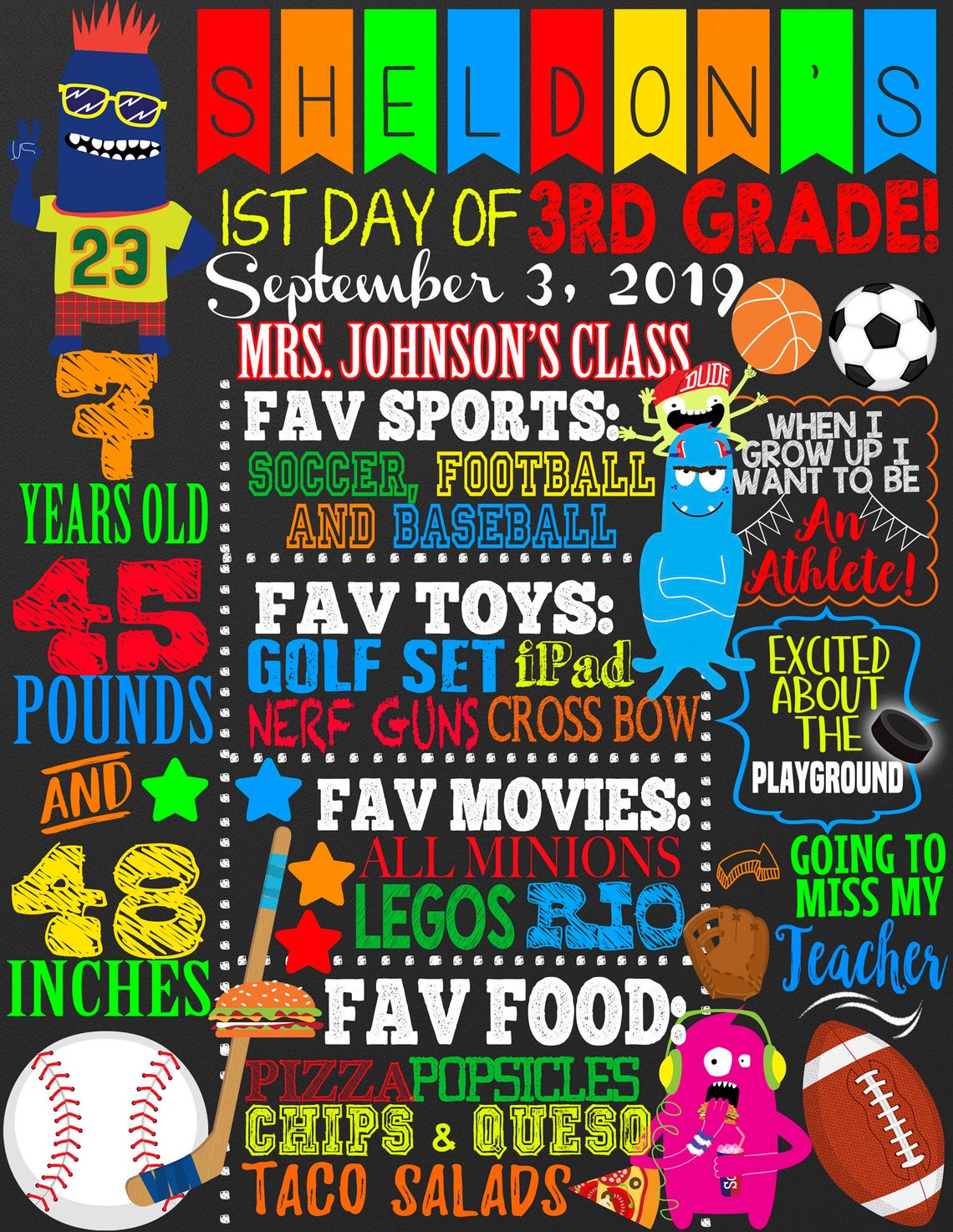 Sport themed first day of school sign printable boys sport | Etsy