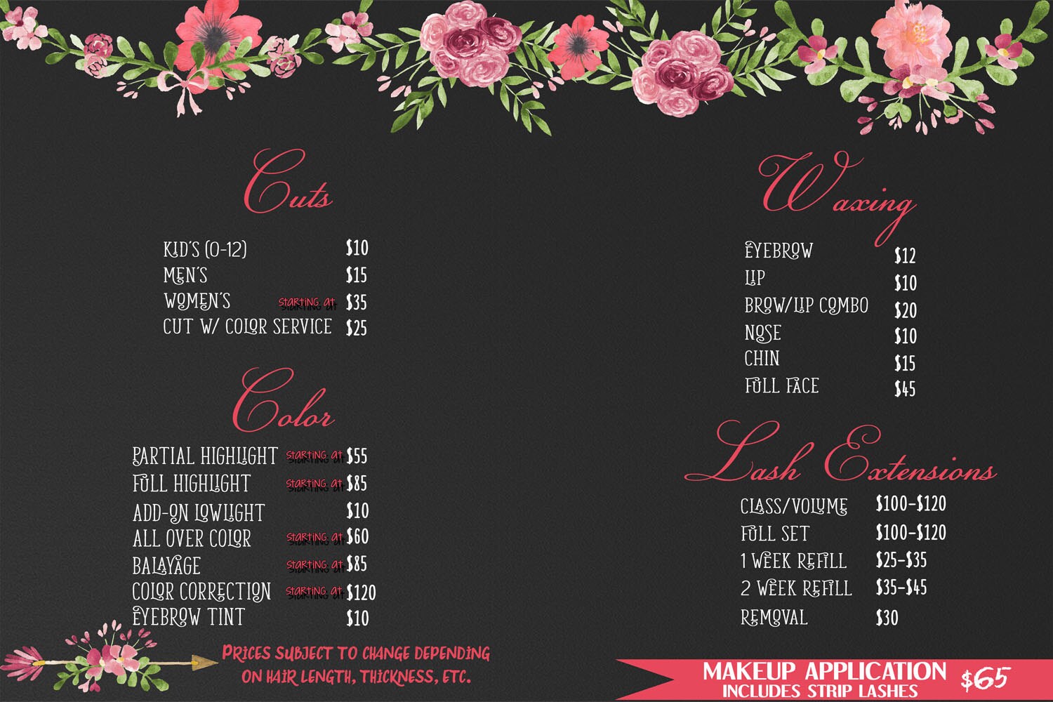 Beauty Salon Menu Lash Extension Sign Haircut Sign Hair | Etsy