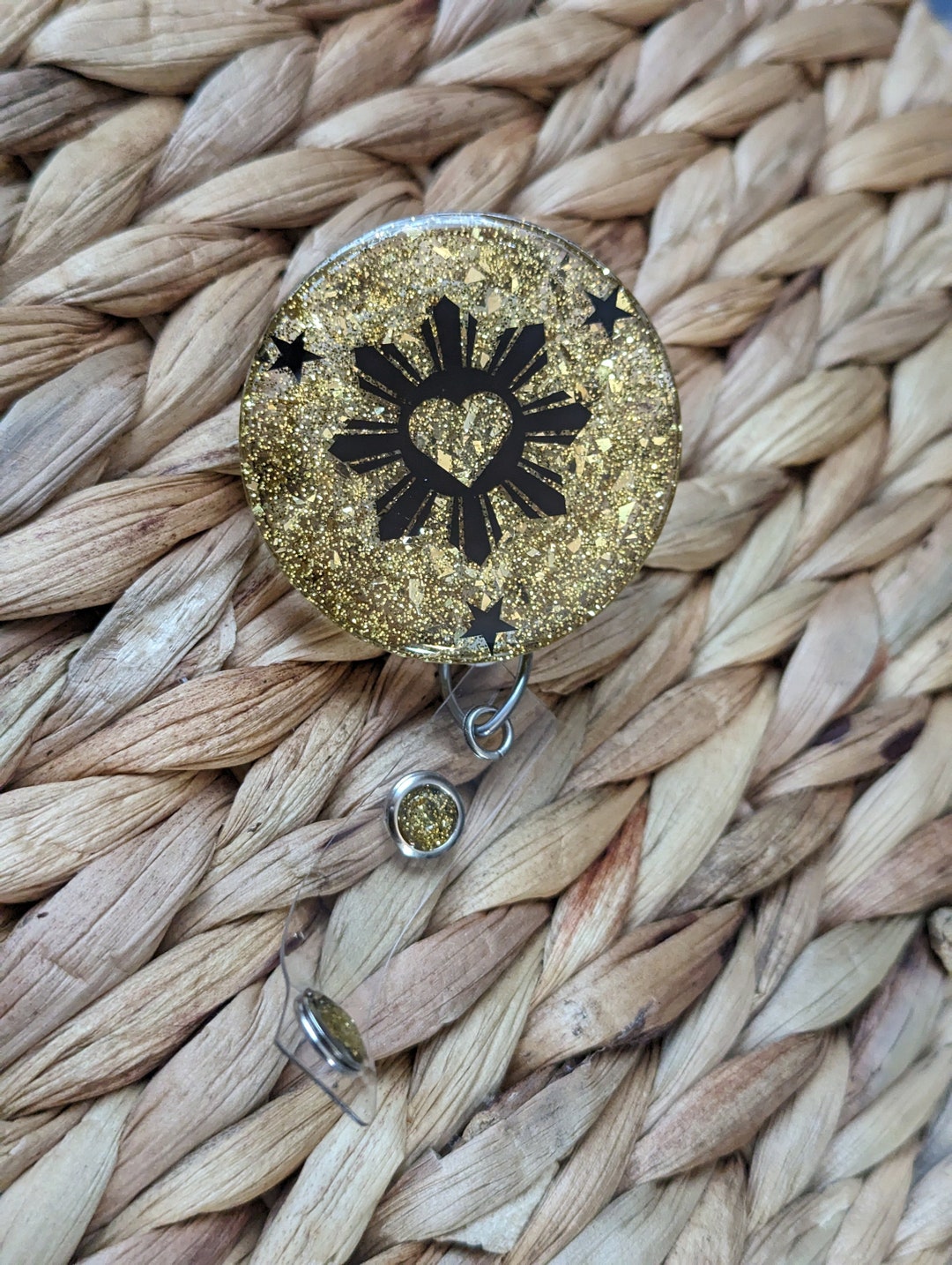Filipino Sun & Stars Badge Reel: Gold Glitter Swivel ID Holder - Etsy