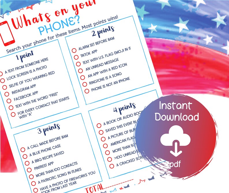 What's on Your Phone 4th of July Game, Game With Friends, Patriotic ...