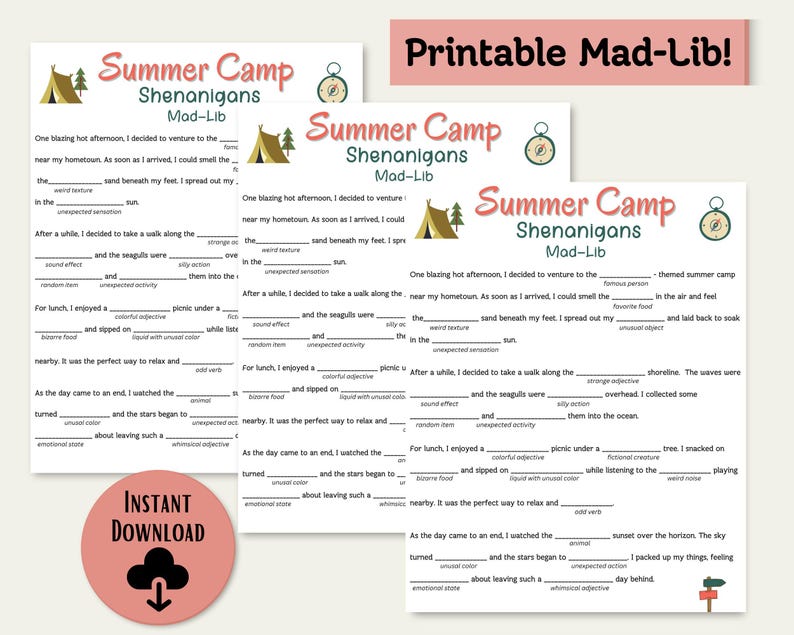 Summer Camp Mad-lib, Printable Summer Camp Game, Party Game, Summer ...