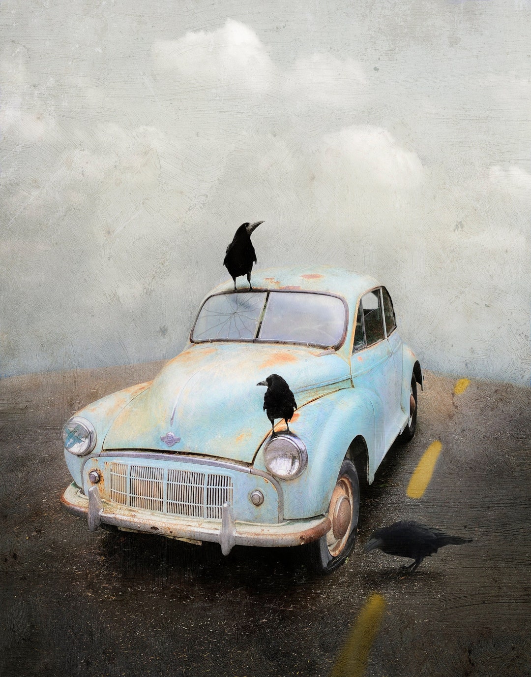 Title: "these Are the Good Ol' Days" Old Morris Car, Crows in Street ...