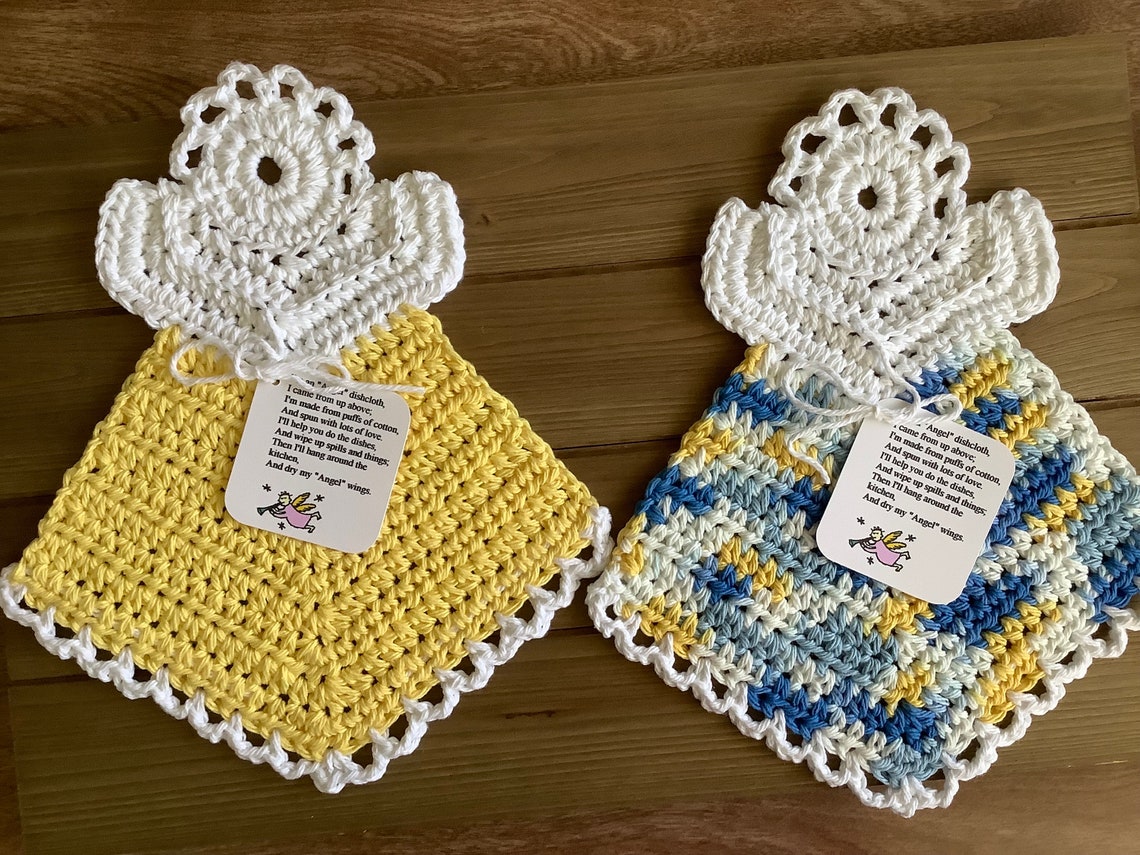 Set of Two, Crocheted Cotton Angel Dishcloths/washcloths, Blues, Yellow ...