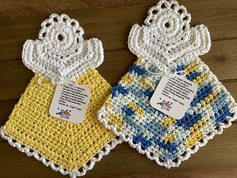 Set of Two, Crocheted Cotton Angel Dishcloths/washcloths, Blues, Yellow ...